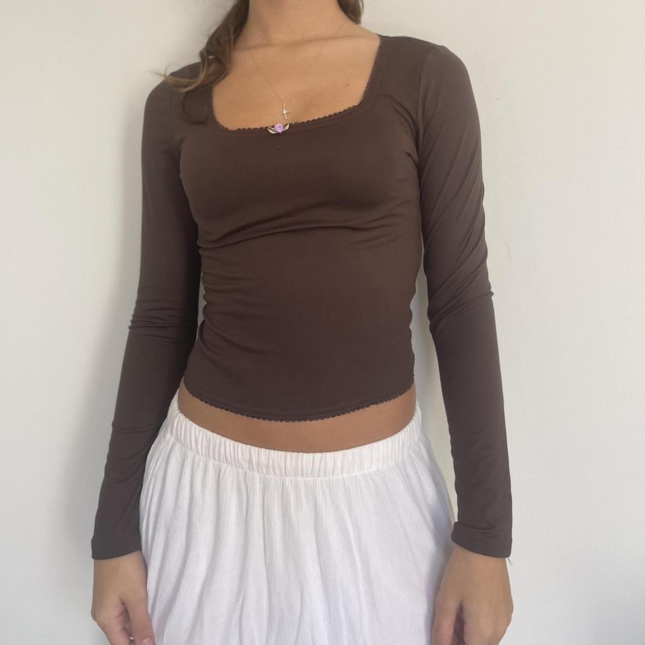 Amazon square neck long sleeve brown top with bow... - Depop