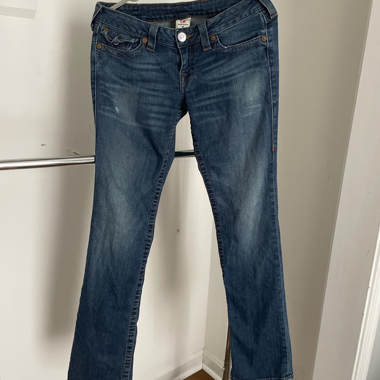 size 28 straight/bootcut truey jeans red stitch at... - Depop