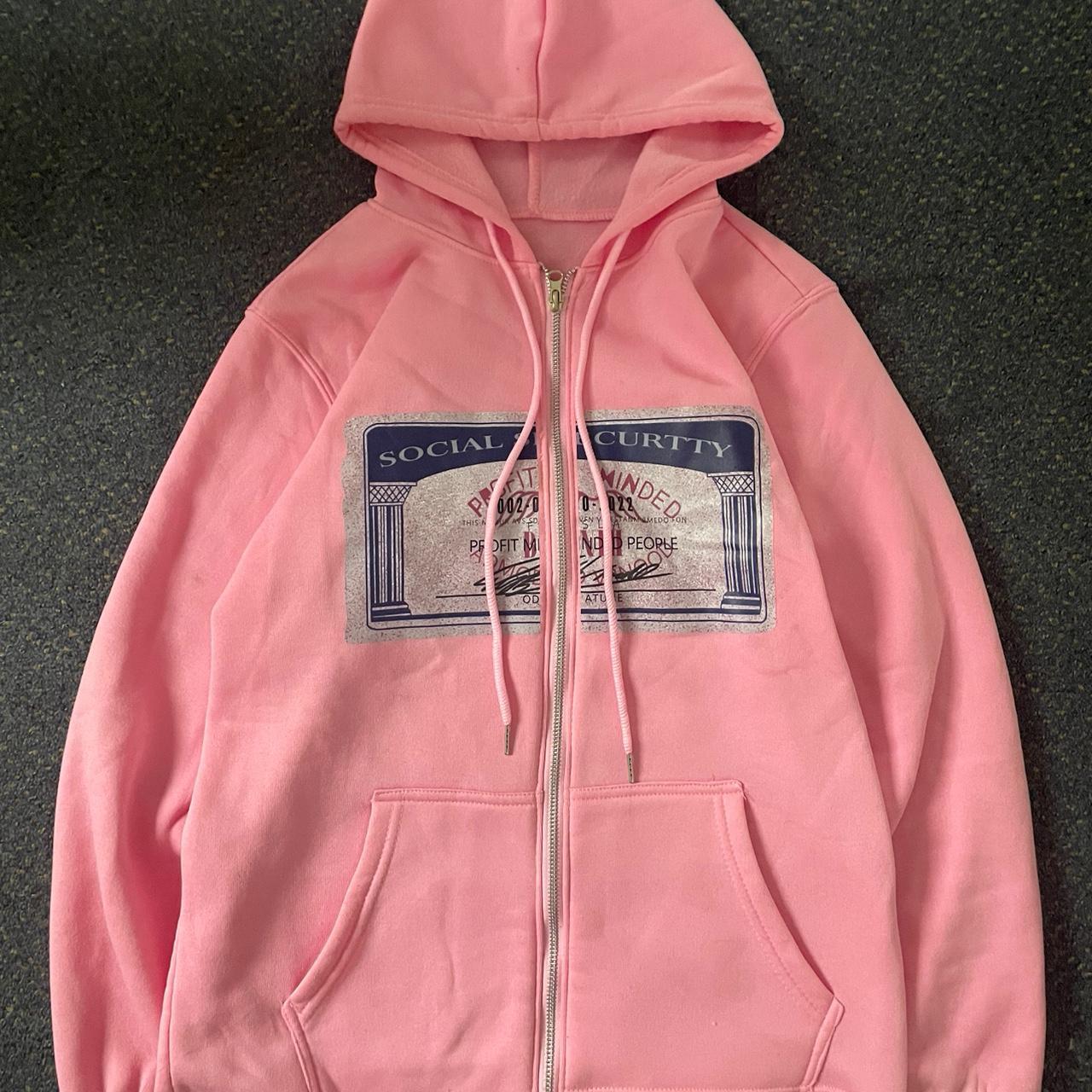 Pink Social Security zip up hoodie VERY NICE GRAPHIC... | Depop