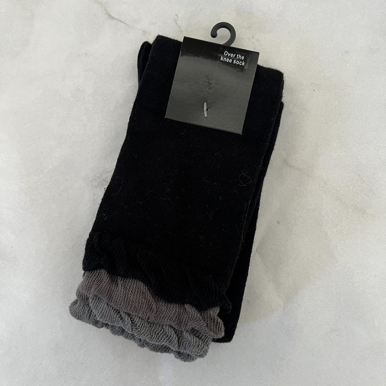 OVER THE KNEE SOCKS BLACK WITH GRAY RUFFLE... - Depop