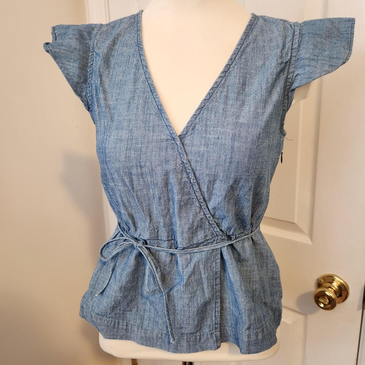 Blue denim wrap top with tie waist from J Crew... | Depop