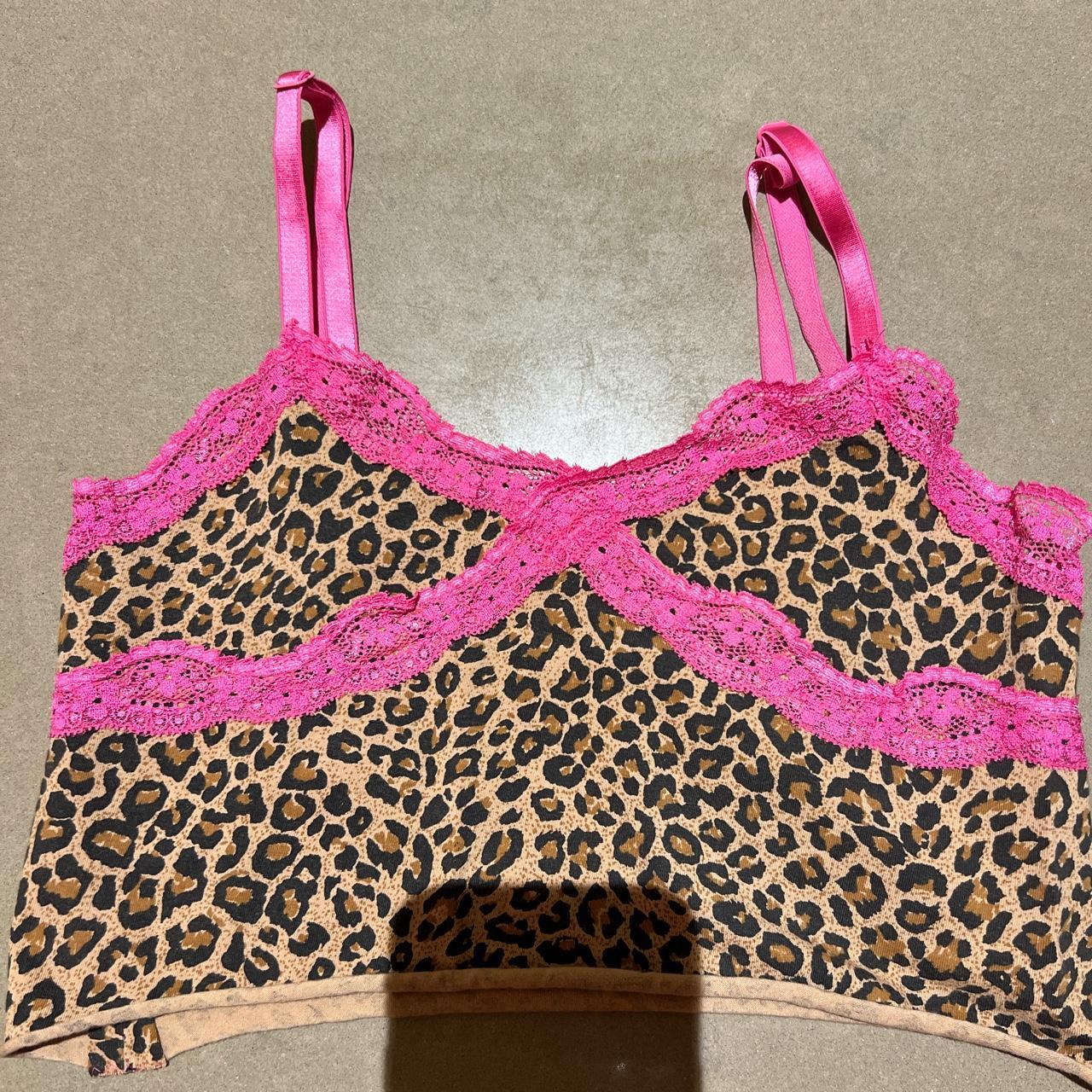 Leopard crop tank top with pink lace and silk... - Depop