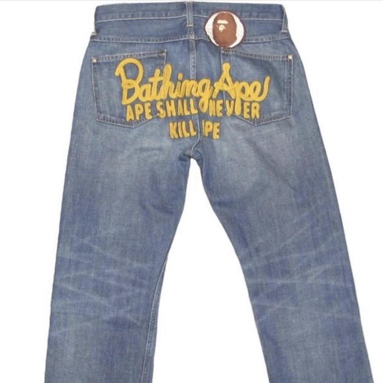 Dark Denim Embroided Bape Jeans - Depop