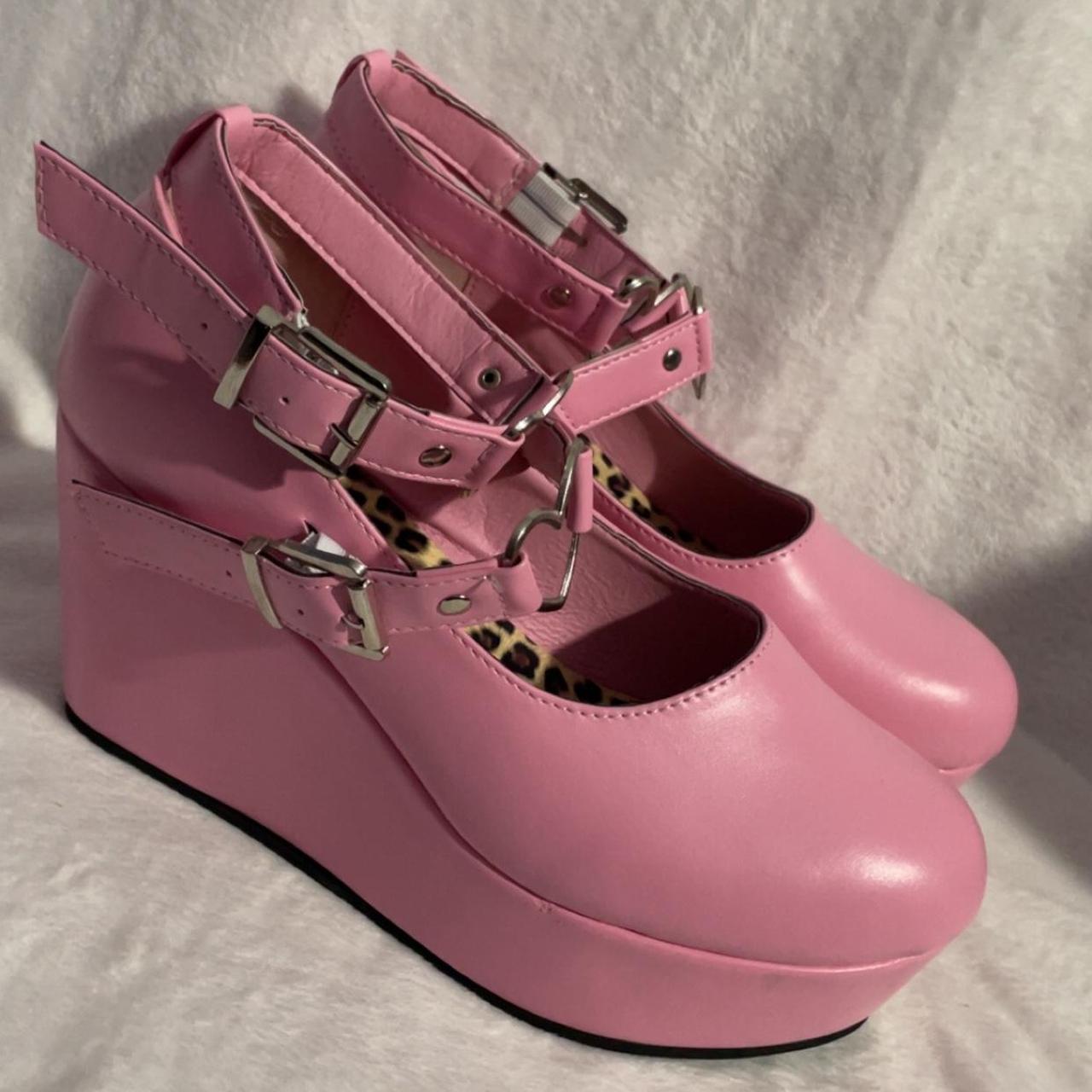 Pink platforms with two heart detail buckles,... - Depop