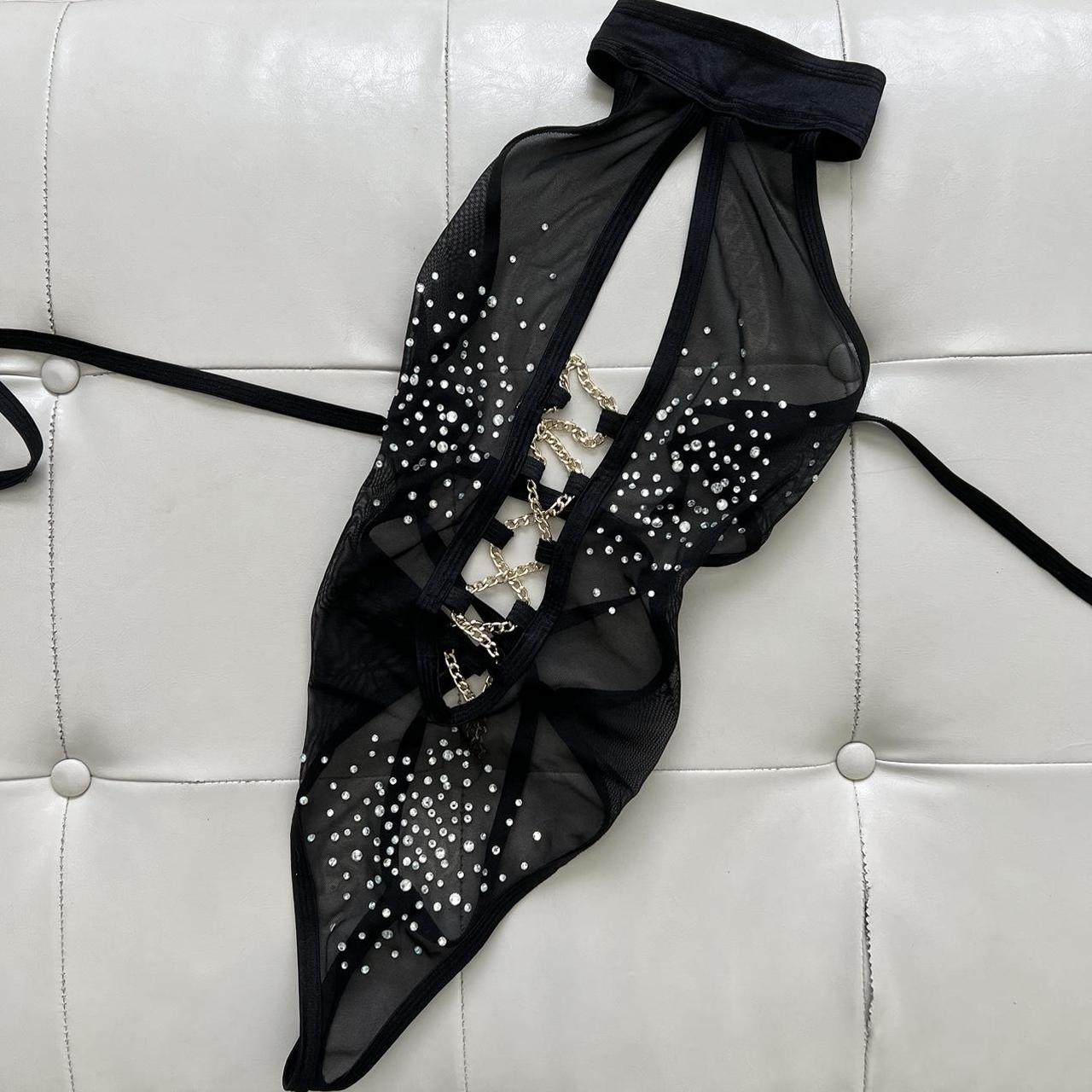 Rhinestone and chain embellished black mesh body... - Depop