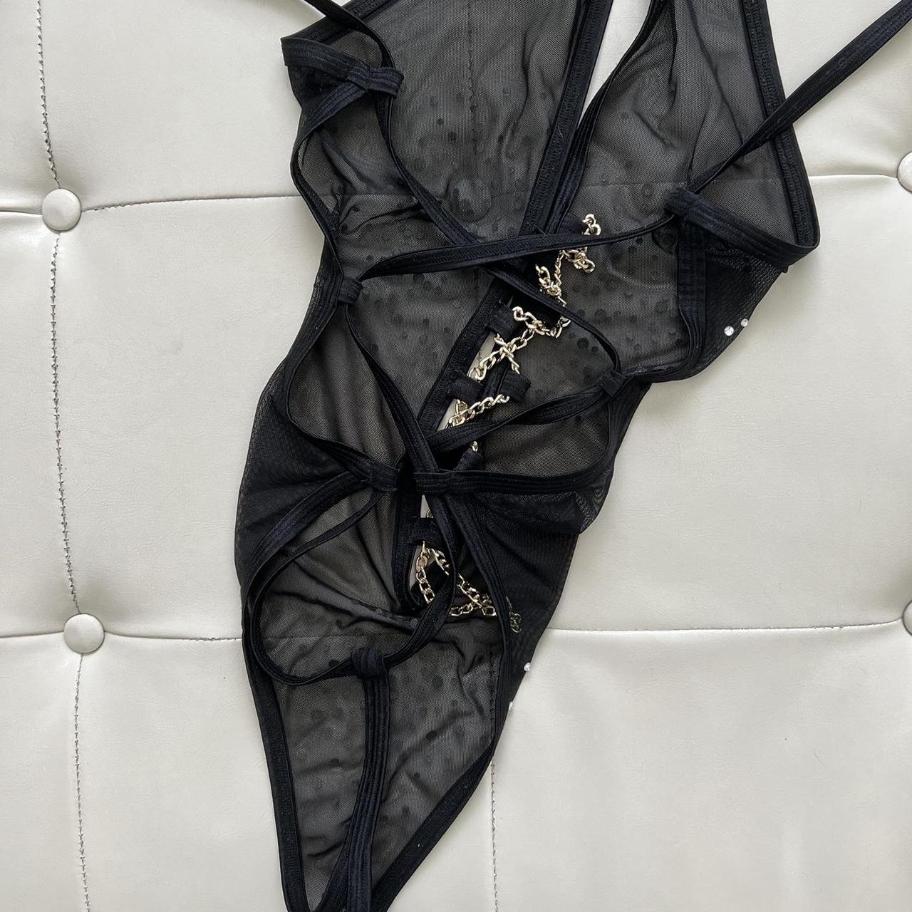 Rhinestone and chain embellished black mesh body... - Depop