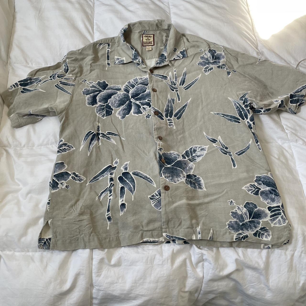 Tommy Bahama Men's Cream and Navy Shirt | Depop