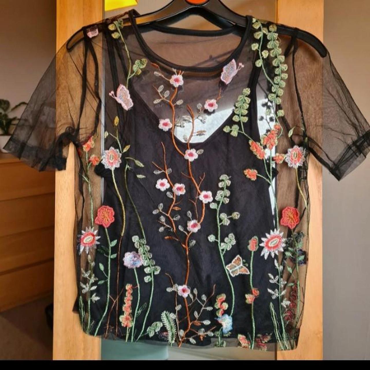 Floral embroidered mesh top woth vest top... - Depop