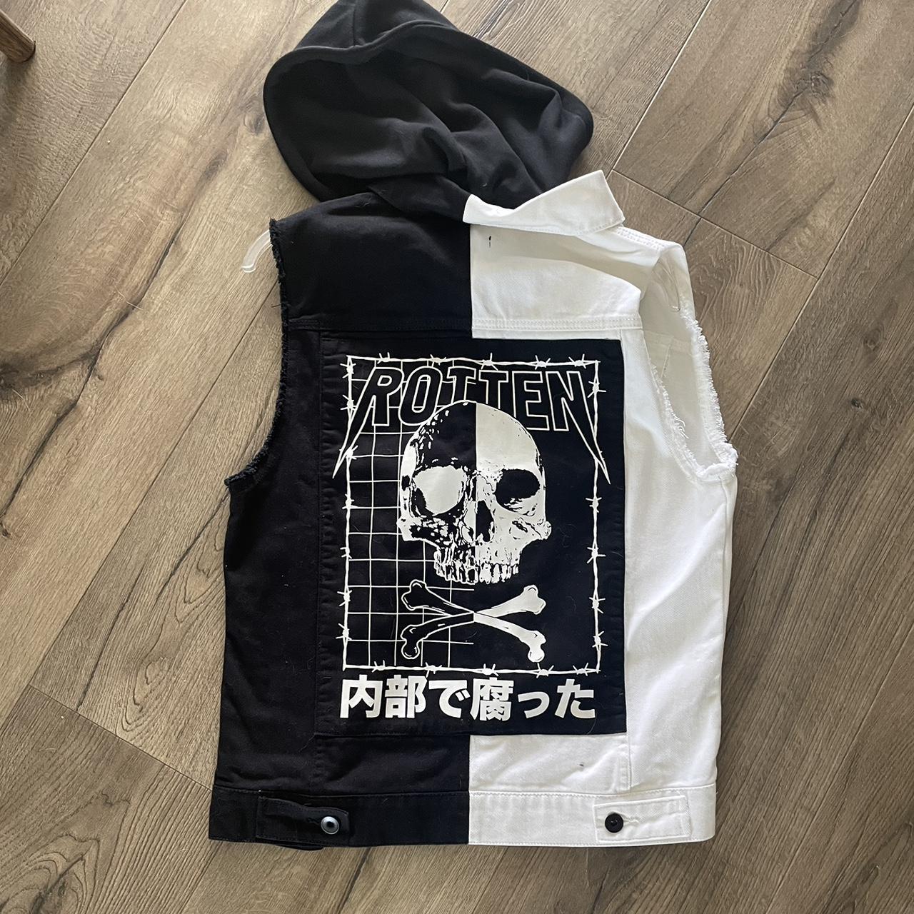 brand new hot topic black and white denim vest size:... - Depop