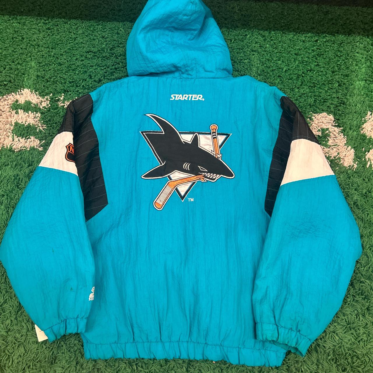 Sharks Starter Jacket Crazy Shark Tooth Font Size M... | Depop