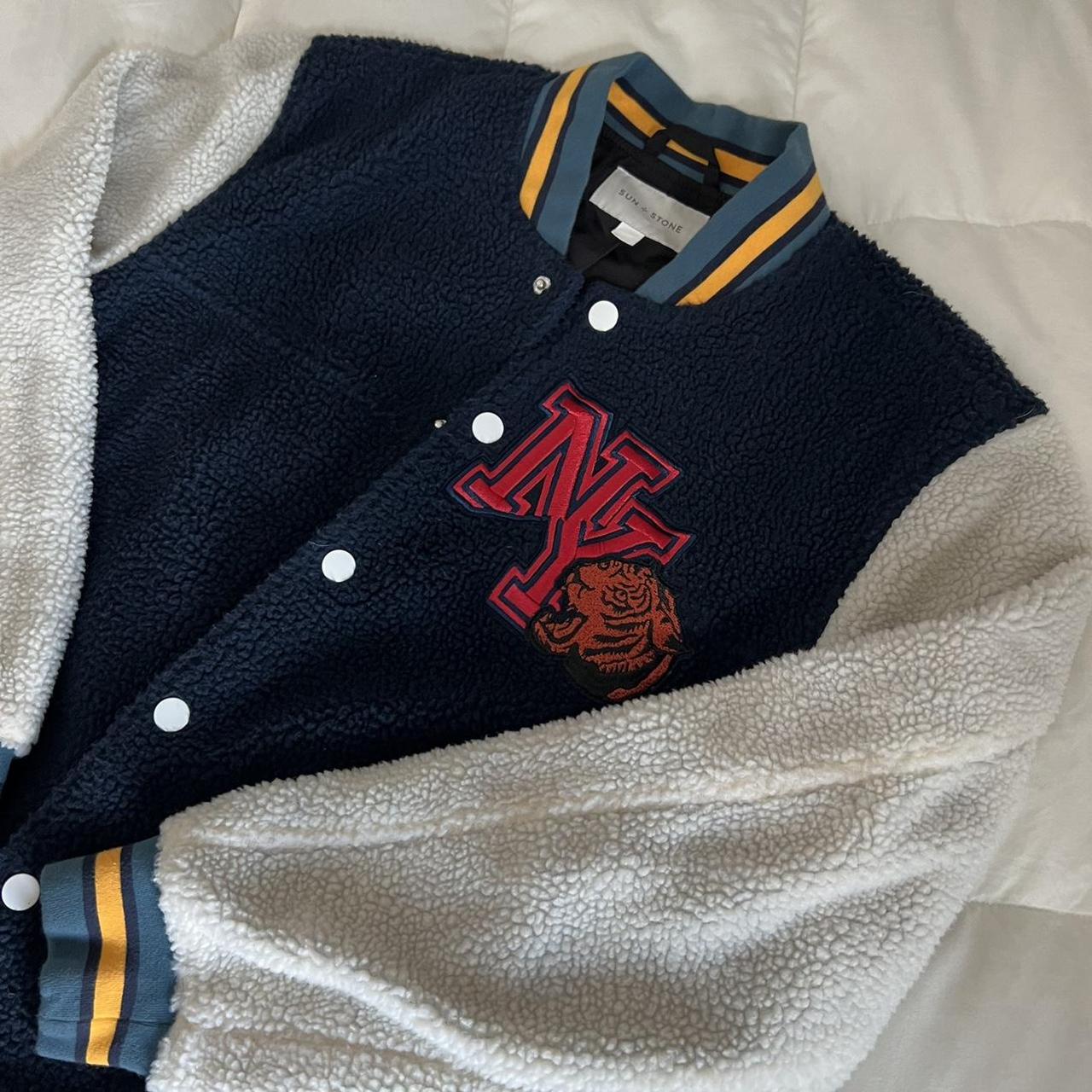 Sun + Stone Women's Navy and Cream Jacket | Depop