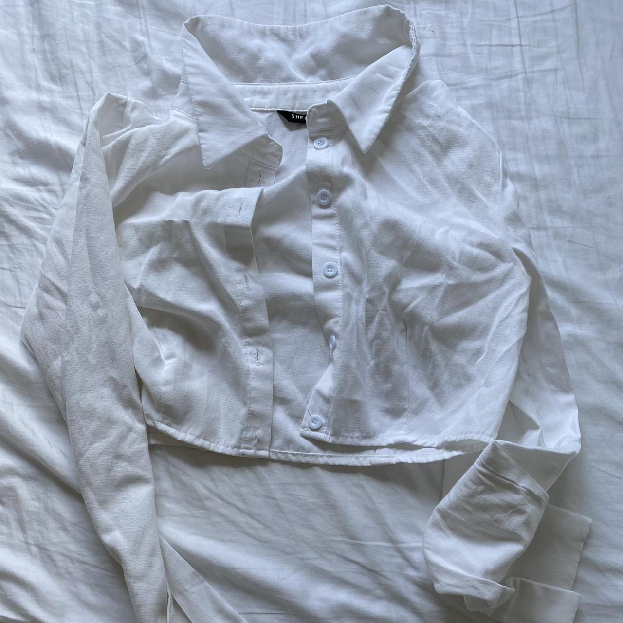 cropped white collared button up great on its own or... - Depop