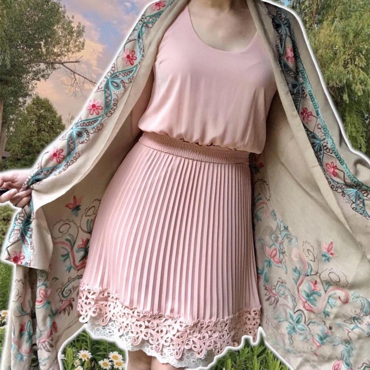 Express Pleated Peach Spring Dress with Ornate... - Depop