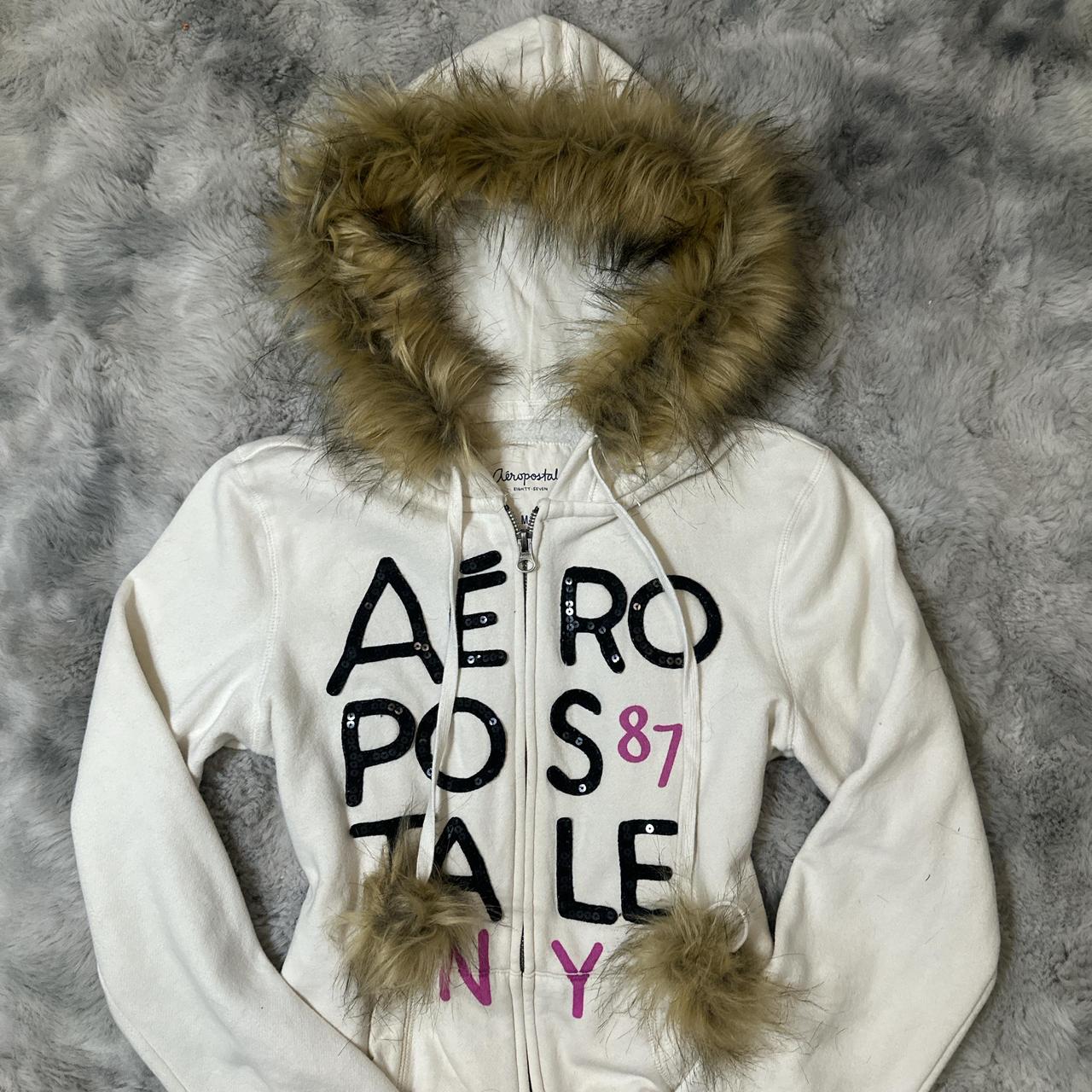 Vintage Aeropostale Fur hoodie w pompoms super cute... | Depop