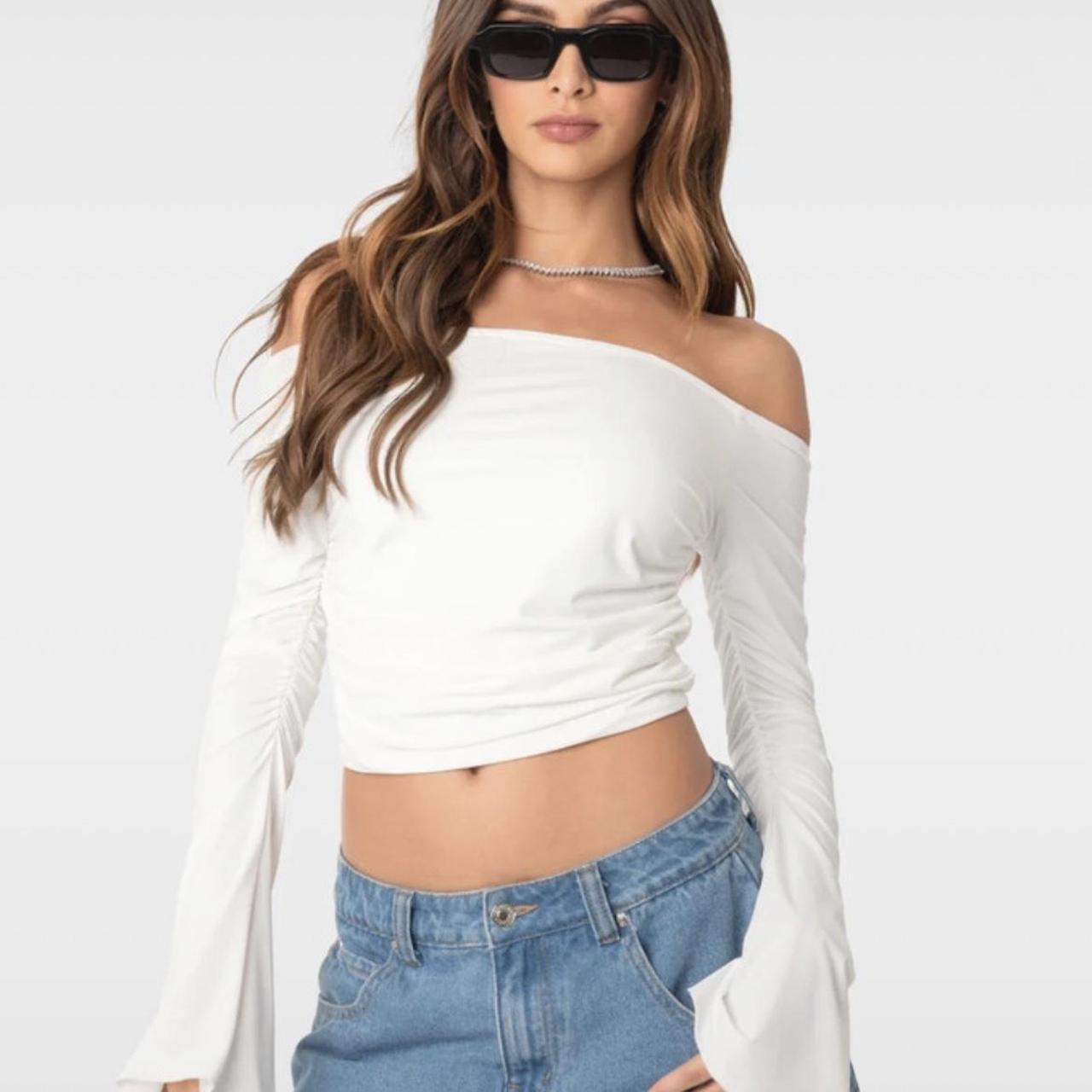 white, well fitted, wide arms, snatched on waist... - Depop