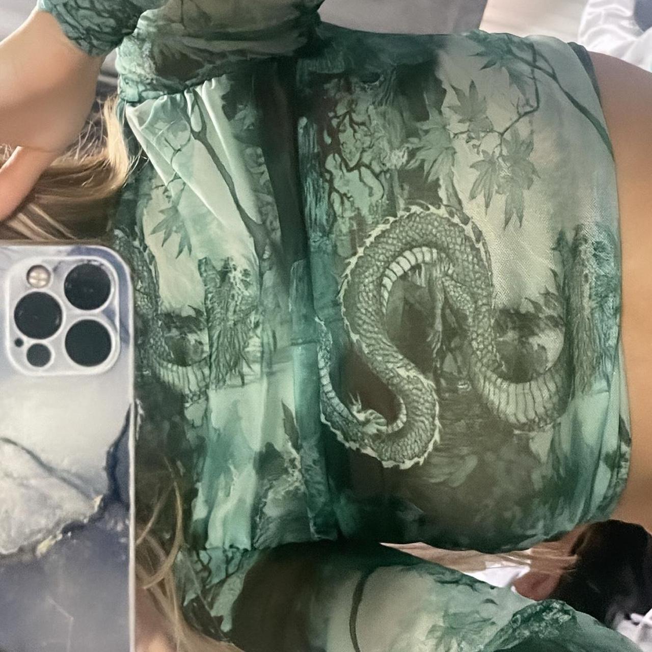 Green dragon print mesh crop top Only worn to take a... - Depop