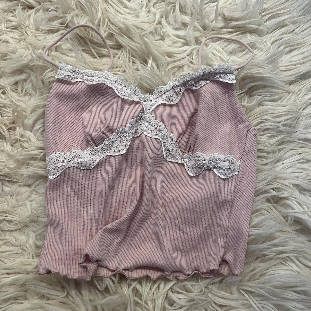 cute pink top with white lace 💗 fit xs-s depop... - Depop