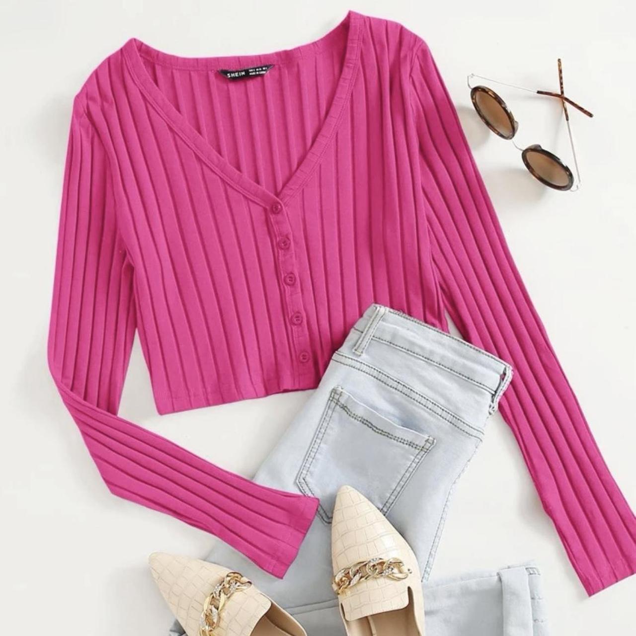 Barbiecore Hot pink V neck button up ribbed top by... - Depop