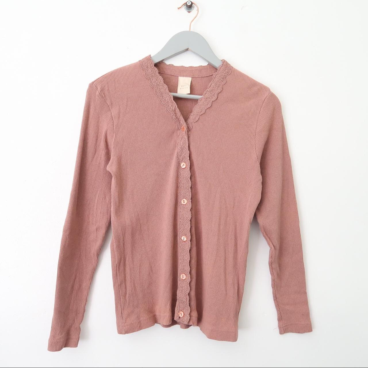 90s ribbed dusky pink cardigan with lace trims. Size... - Depop