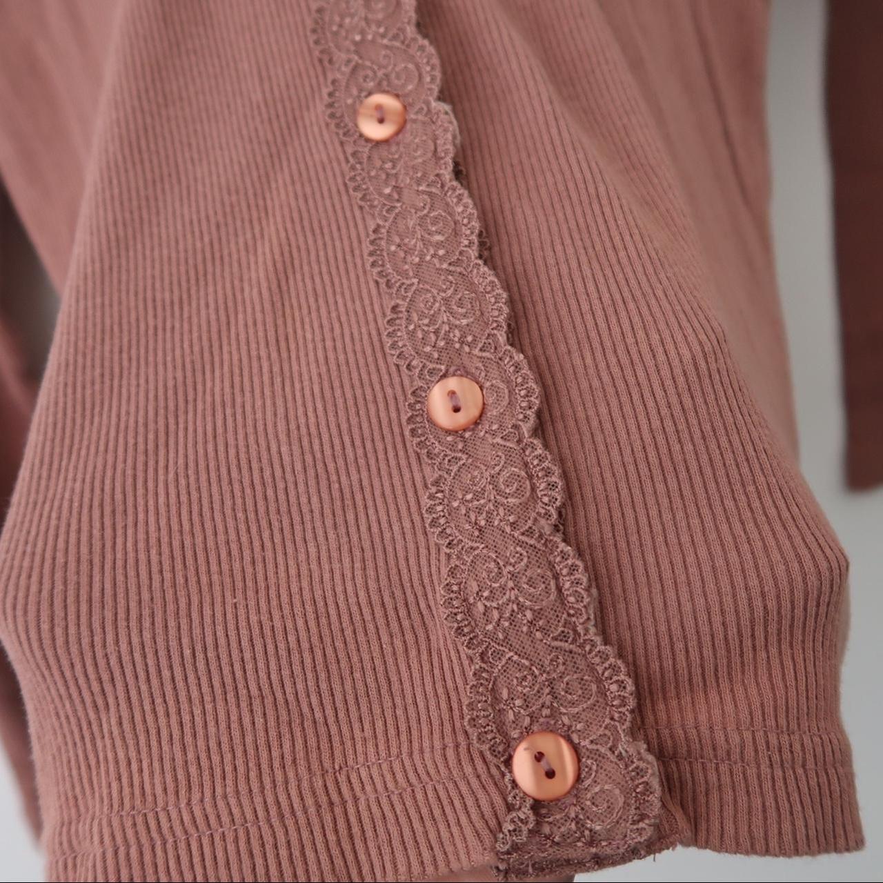 90s ribbed dusky pink cardigan with lace trims. Size... - Depop