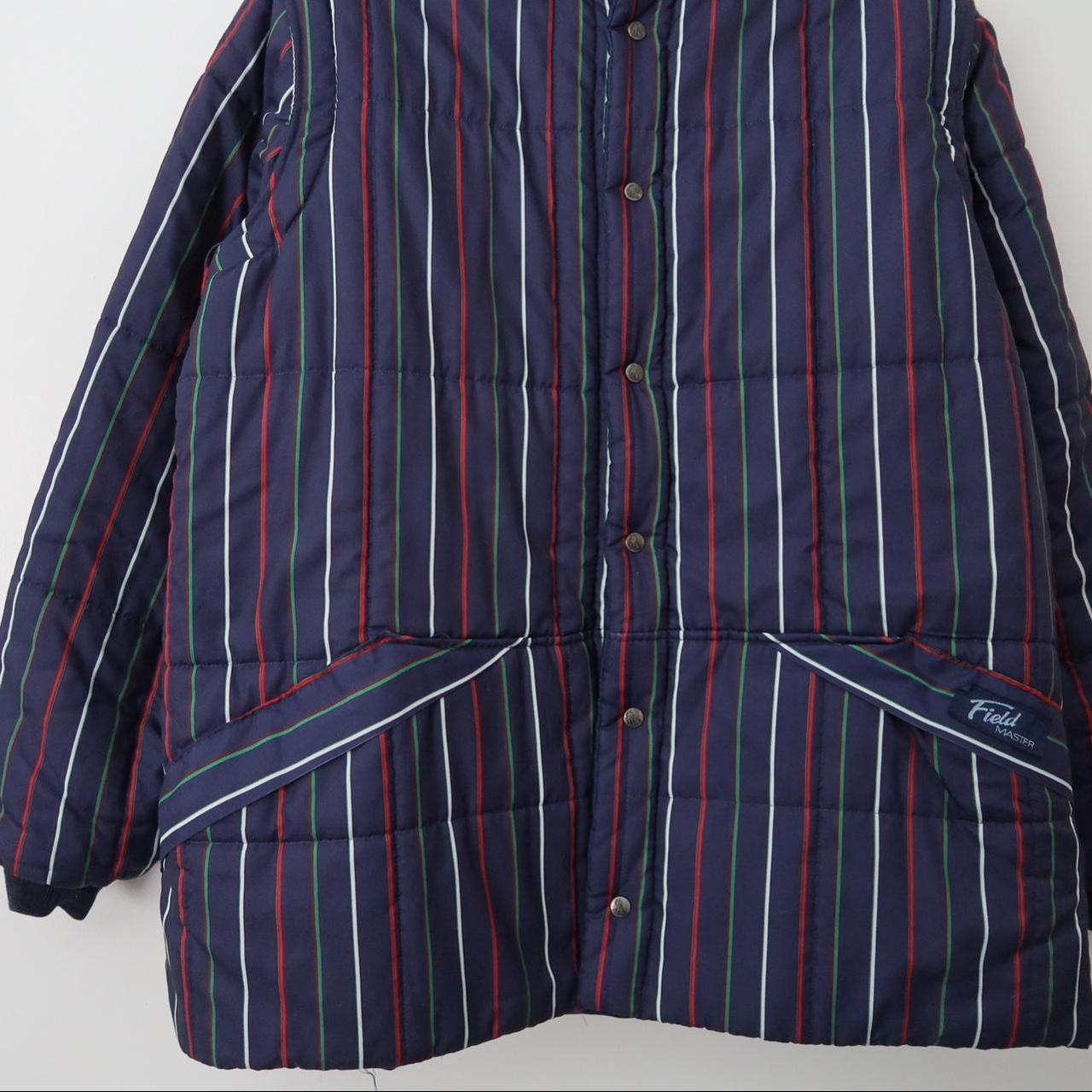 90s navy striped puffer jacket. Removable zip off... - Depop