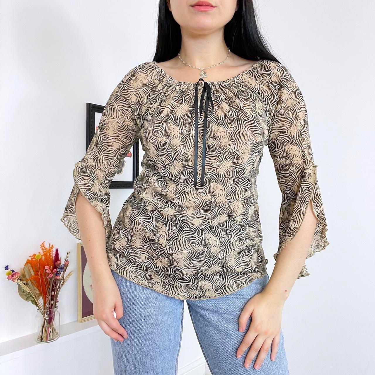 2000s mesh top Y2K brown & black animal print mesh... - Depop