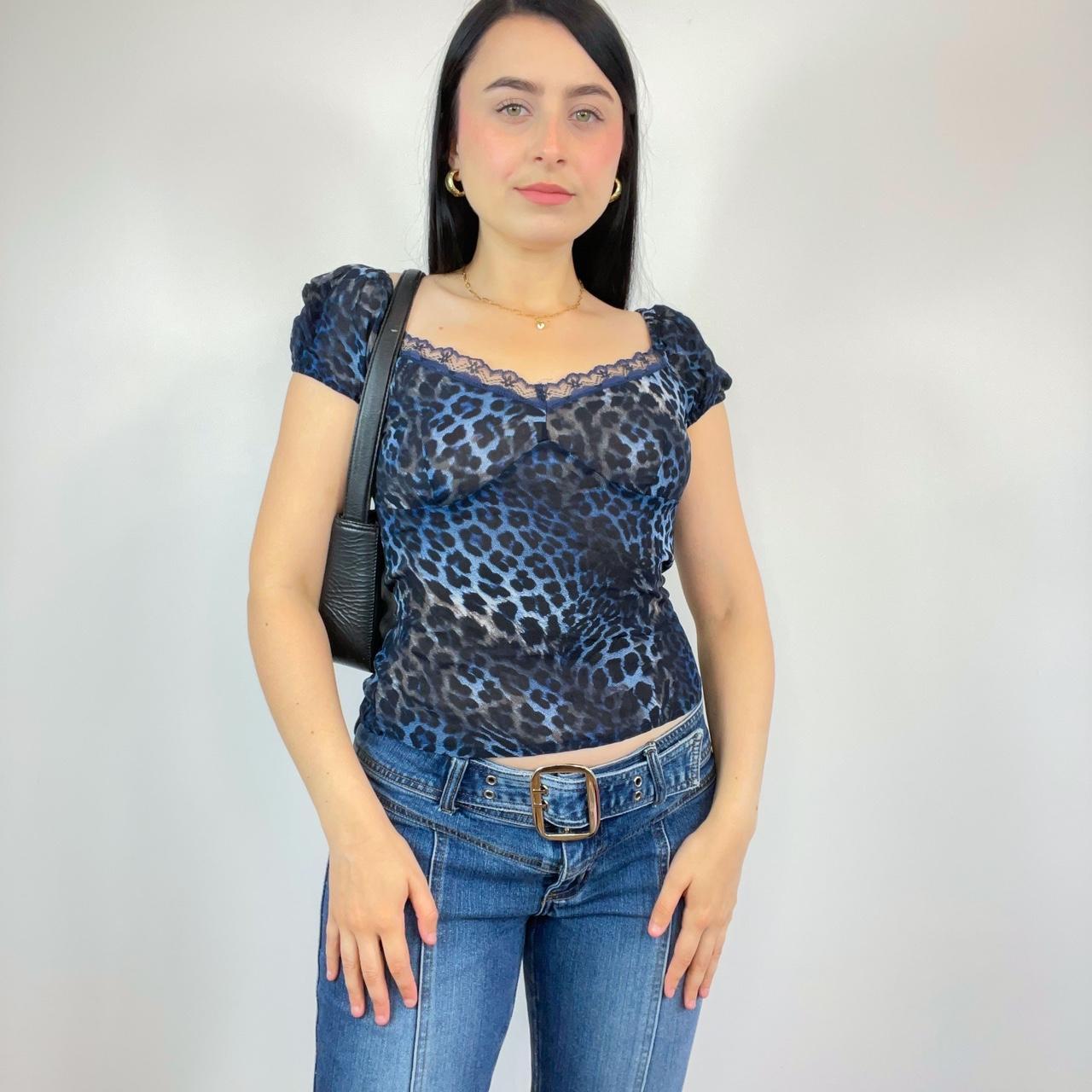 2000s mesh top Y2K blue leopard pattern mesh top... - Depop