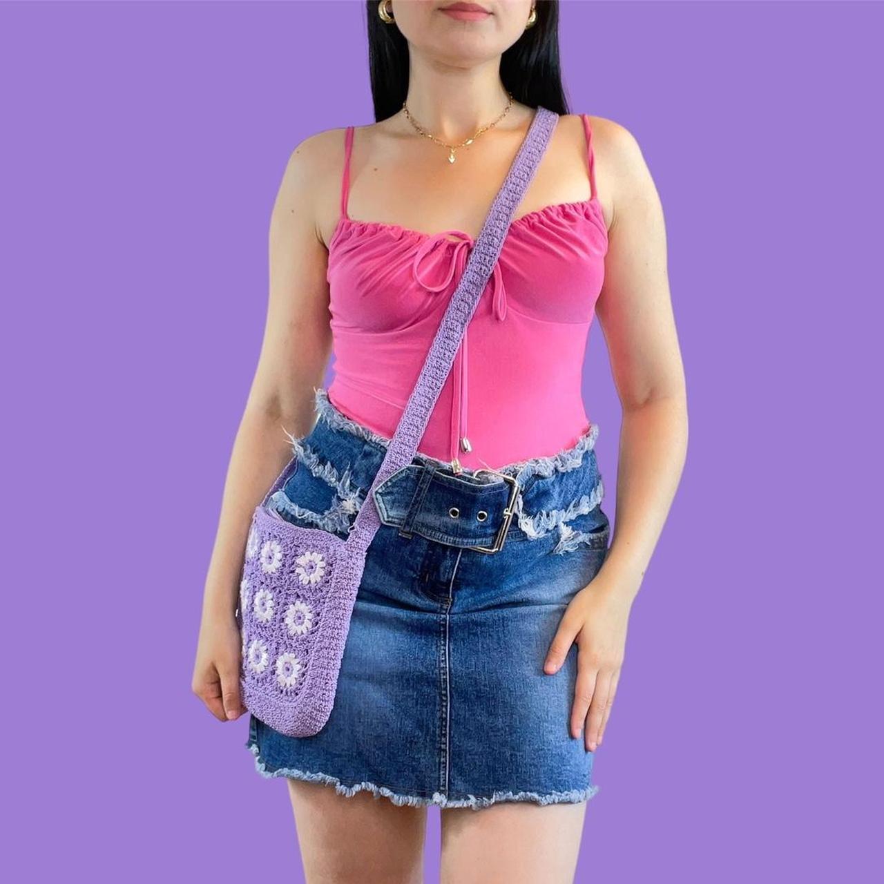 2000s crochet bag Y2K purple daisy floral crochet... | Depop