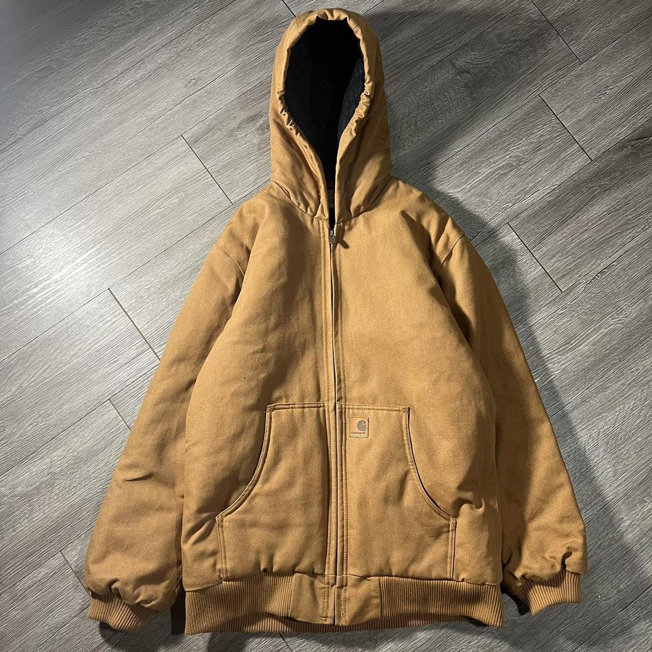 Youth Xl Brown Tan Carhartt Hooded Quilted Jacket Depop