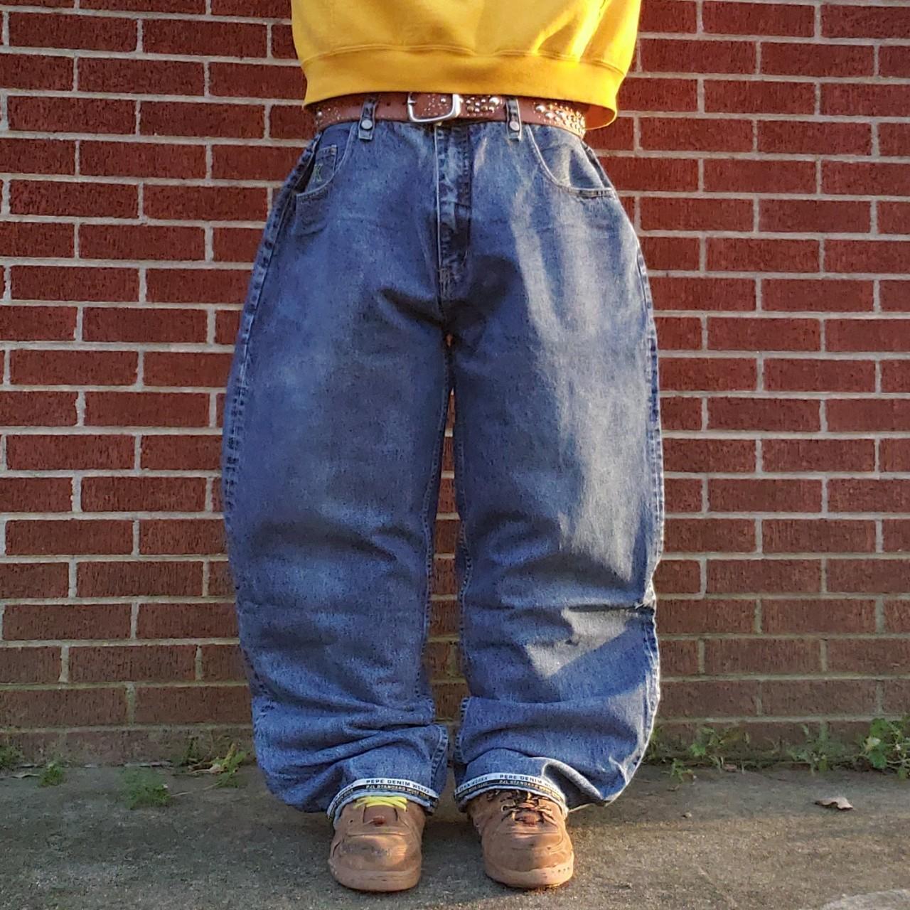 Baggy deep stone wash Pepe Jeans with huge rear belt... - Depop