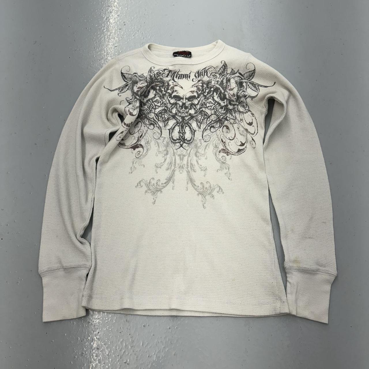 Y2K Miami Ink Skull Thermal Long Sleeve Shirt small... - Depop