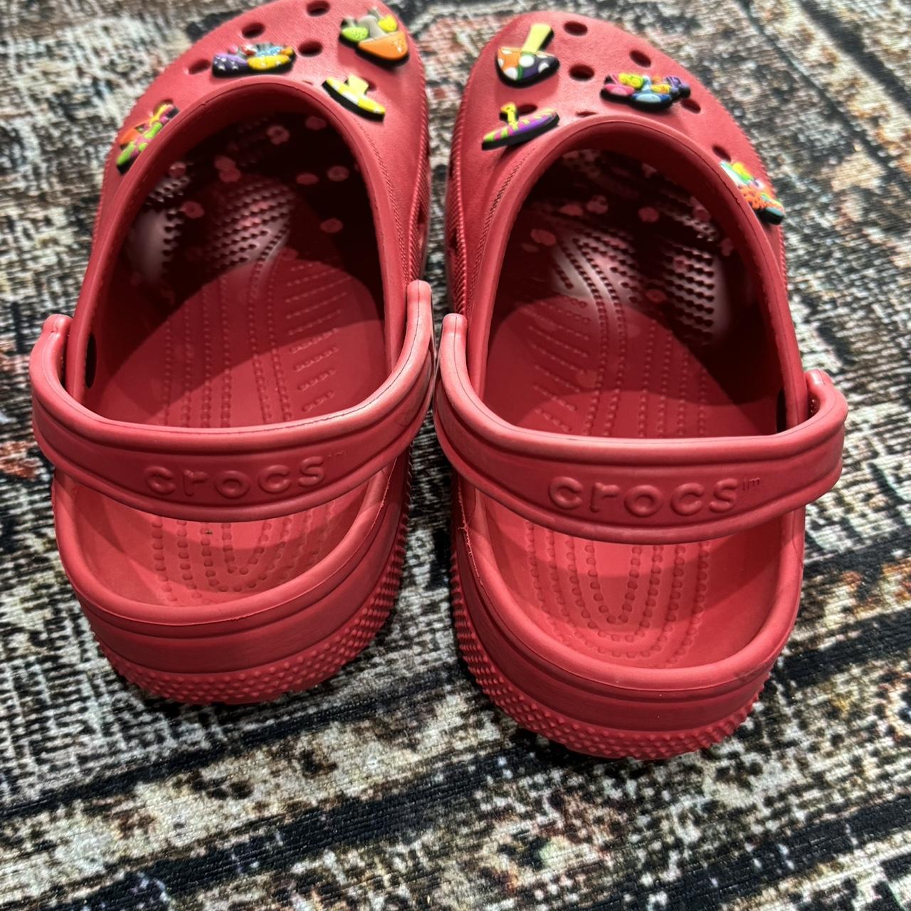 Crocs red size men’s 9 womens 11 with mushroom charms - Depop