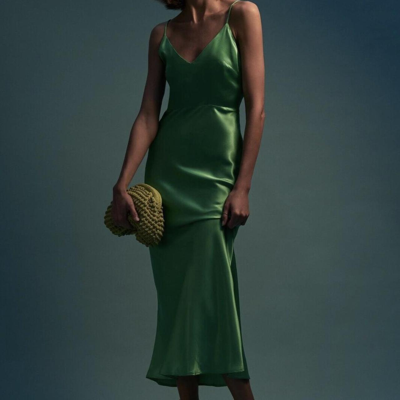 BNWOT - Genuine Zara Green Satin Effect Midi Dress... - Depop