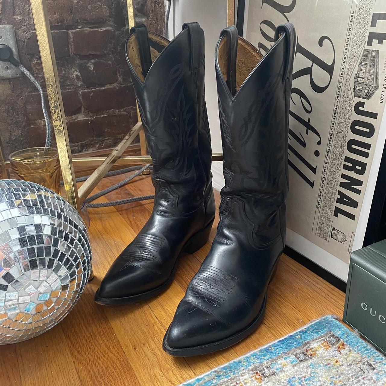 VINTAGE Tony Lama Mens Size 8 D Black Leather Cowboy... - Depop
