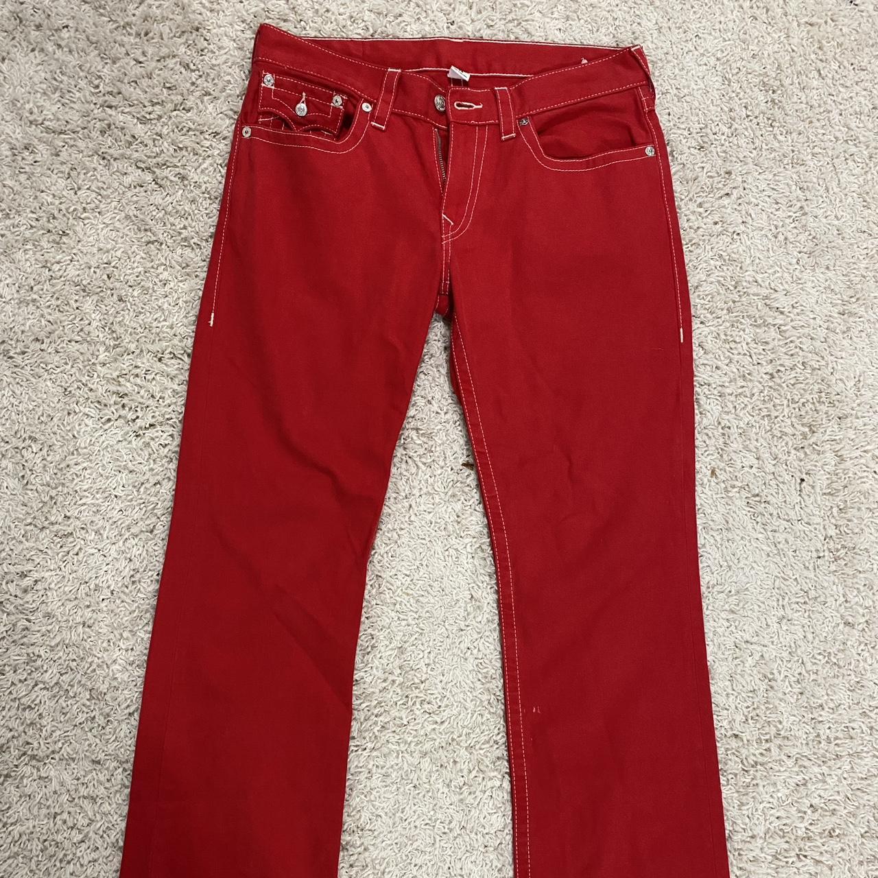 Beautiful True religion red with white stitch jeans... - Depop