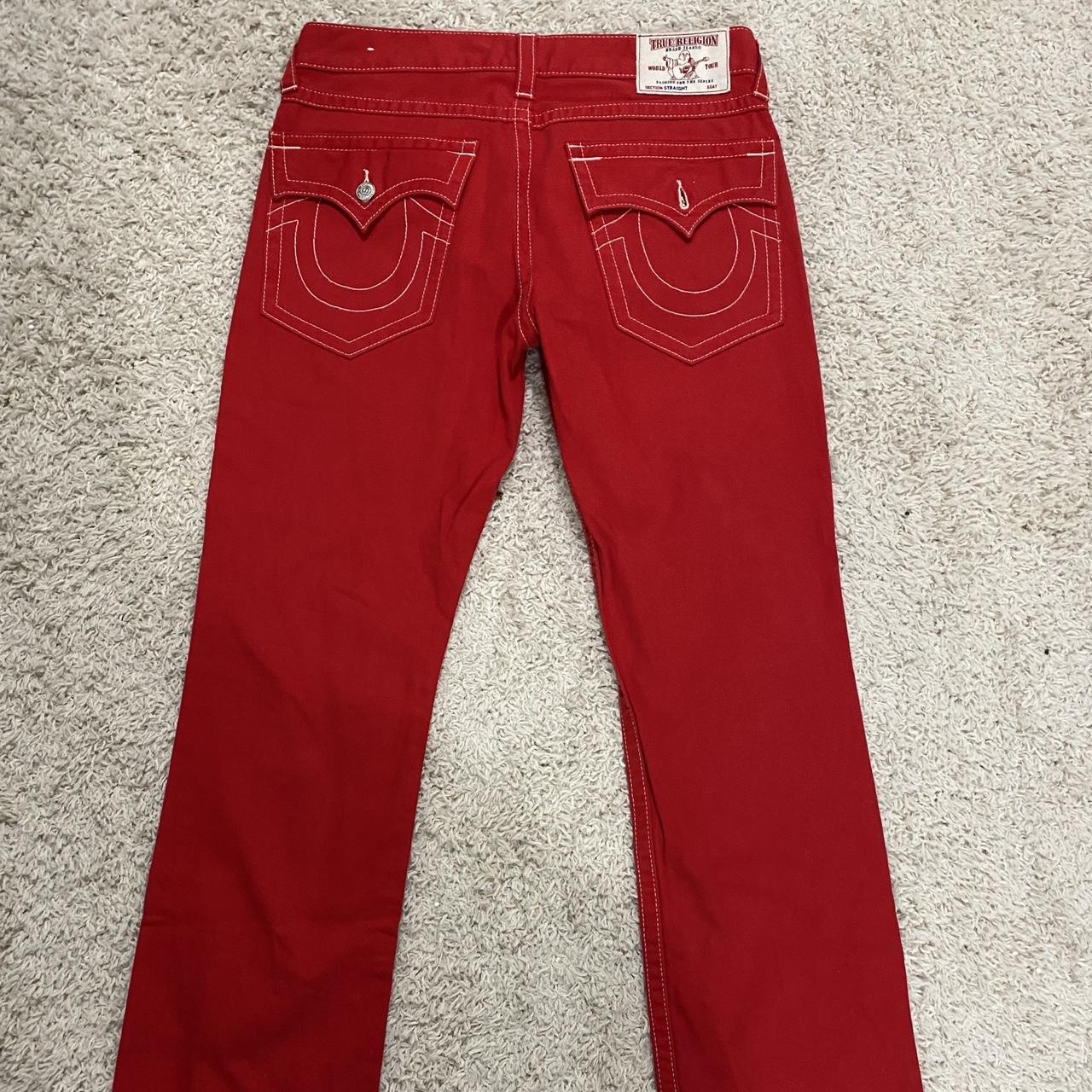 Beautiful True religion red with white stitch jeans... - Depop