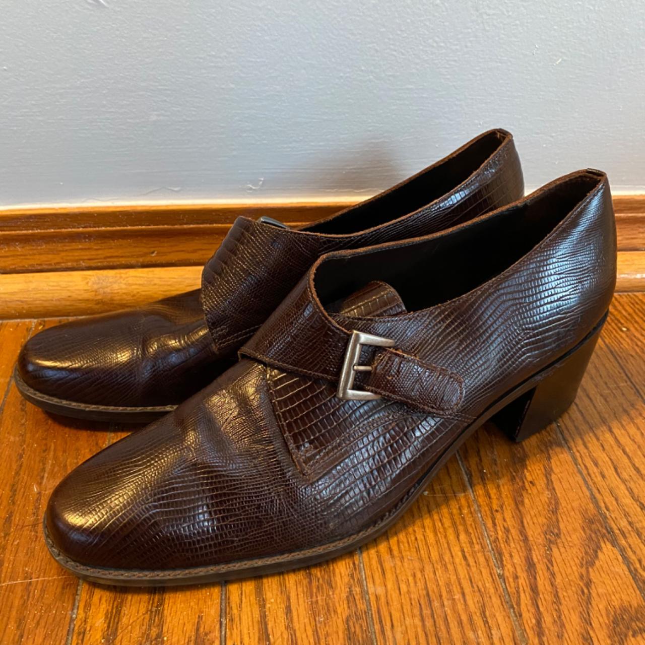 Brown Pointed Toe Loafers Croc-embossed heeled... - Depop