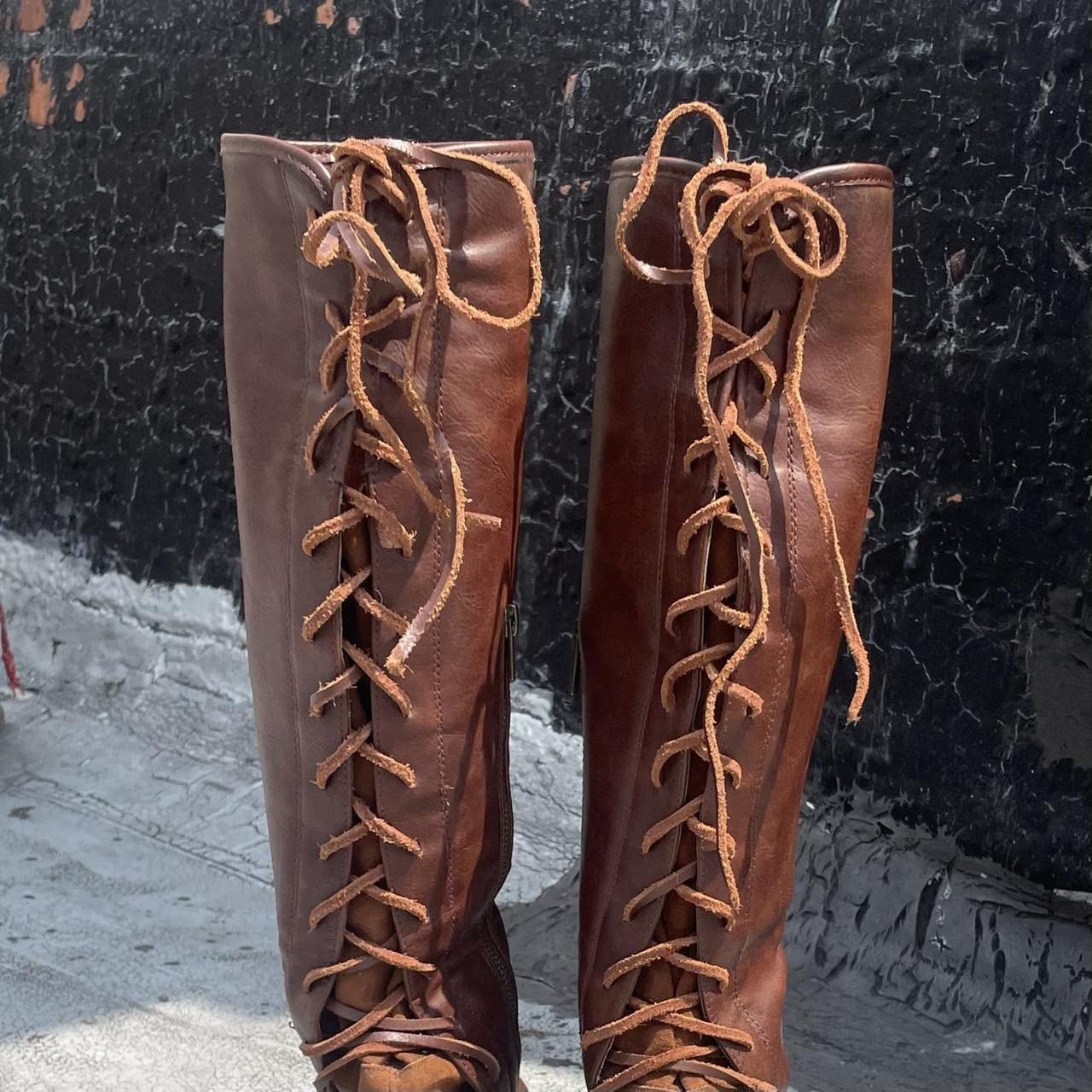 Brown lace up boots Leather rust color Knee high... - Depop