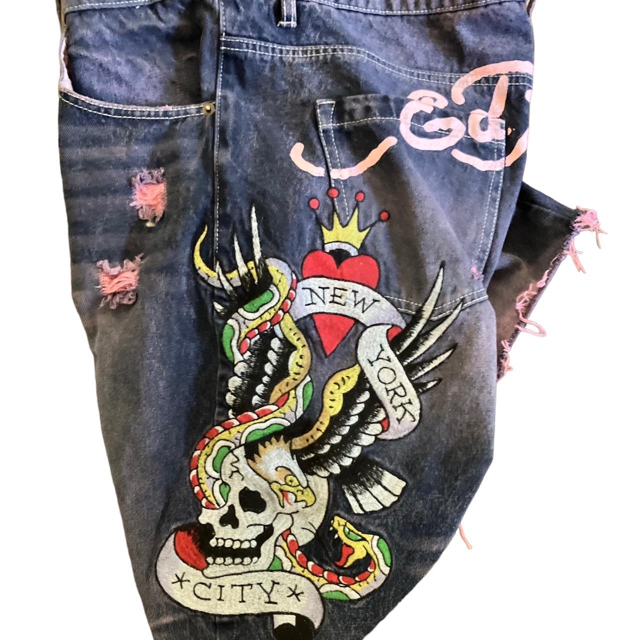 Custom pink Ed hardy jorts Size 36 - Depop