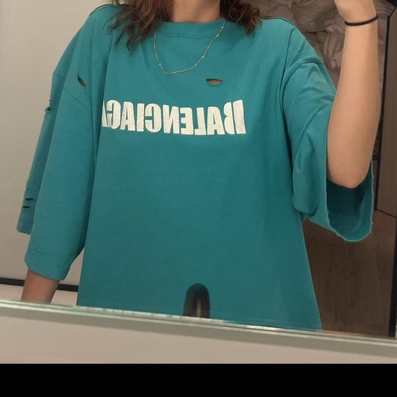 Balenciaga blue ripped oversized shirt Size... - Depop