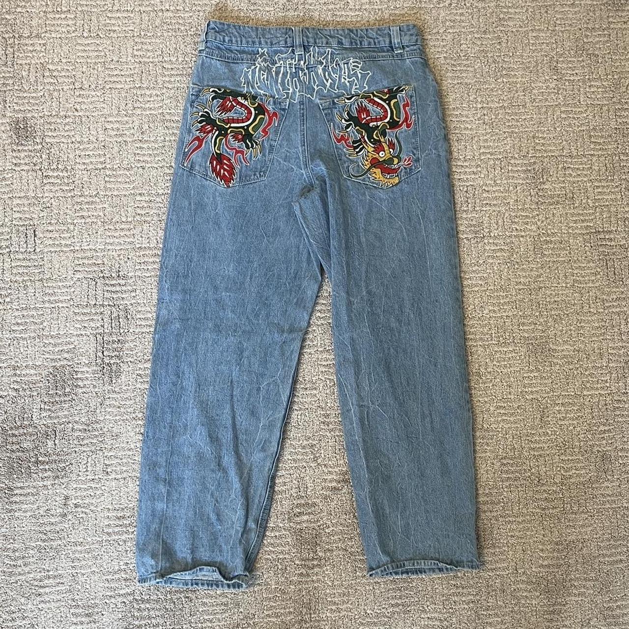 baggy embroidered jeans size 30” in mens dragon... - Depop