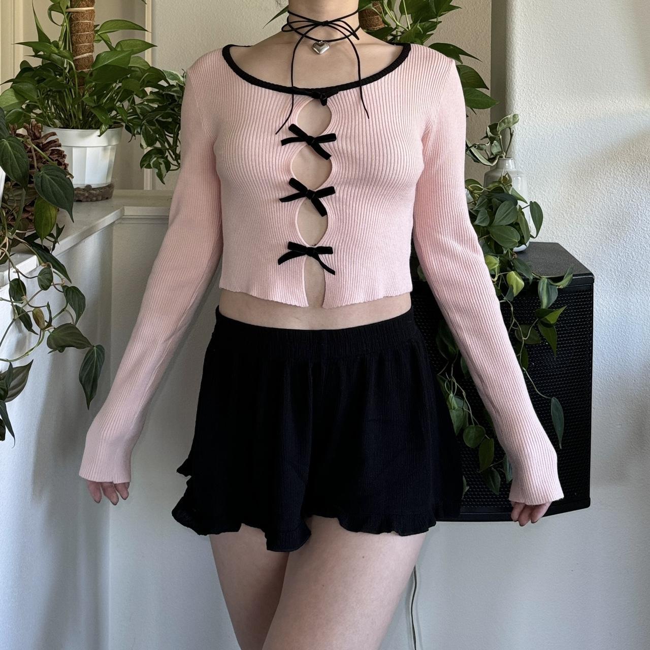🌸Pink Black Y2K Bow Cutout Long Sleeve... - Depop