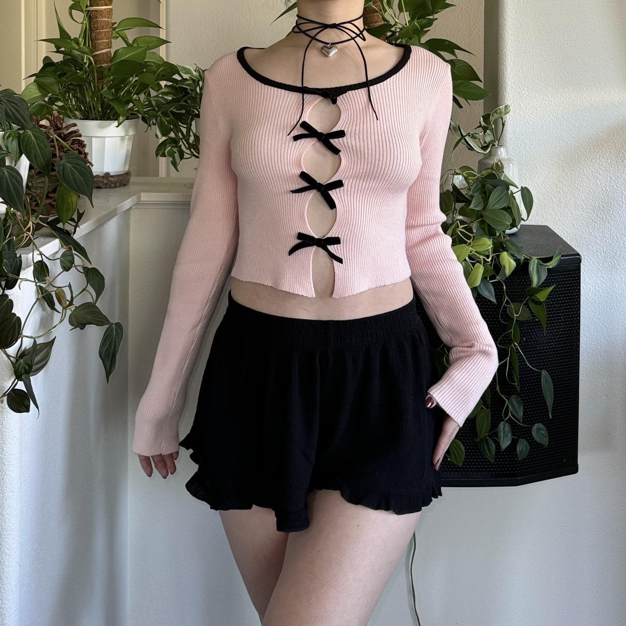 🌸Pink Black Y2K Bow Cutout Long Sleeve... - Depop