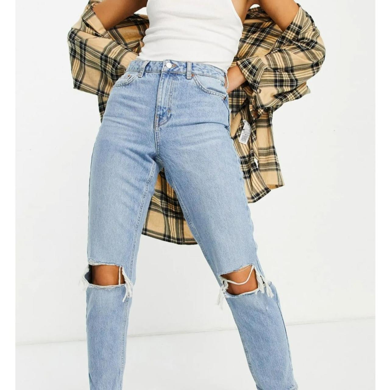 Topshop Hi Rise Rip Knee Mom Jeans Size 28... - Depop