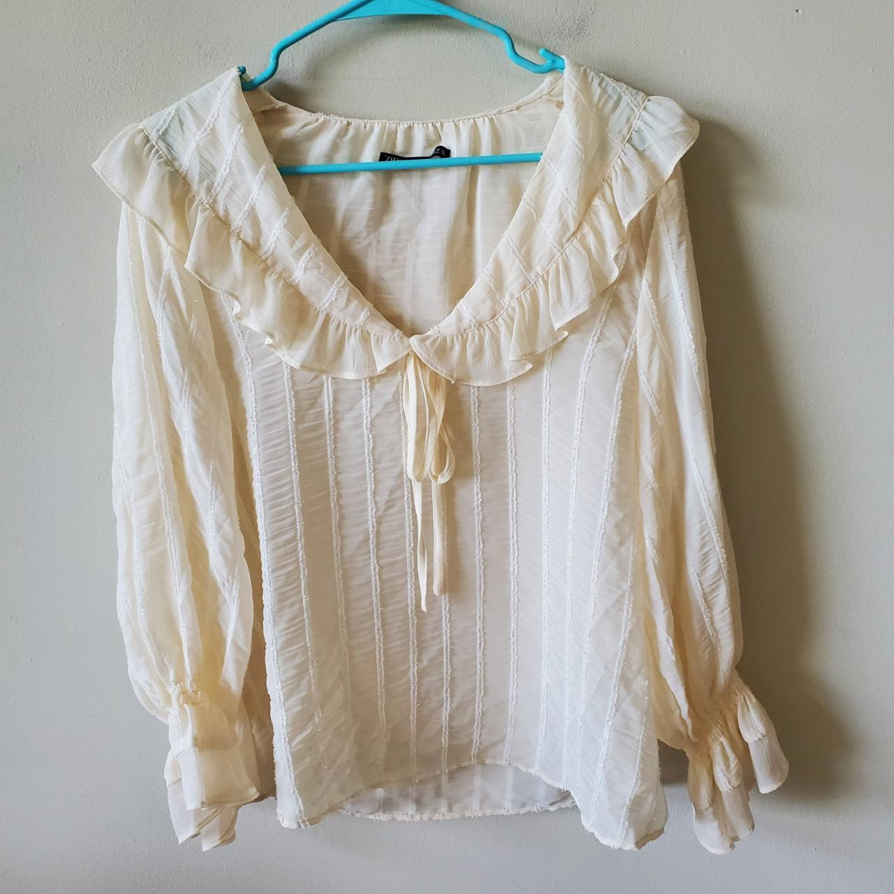 Zara Womens Cream Colored Ruffle Blouse Size... - Depop
