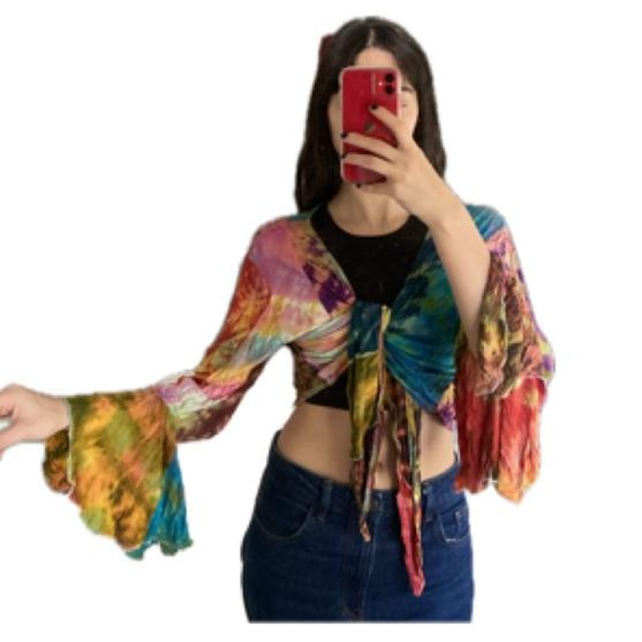 Multi colour tie dye like design crop top, super... - Depop