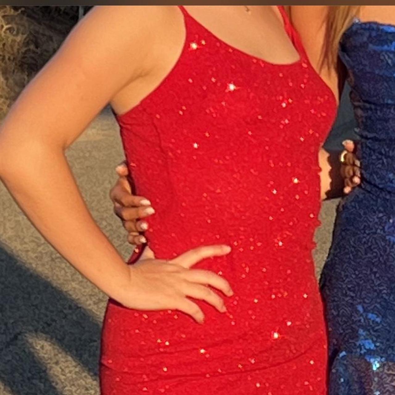 Windsor Red Sparkly Bodycon Mini Homecoming Dress... - Depop