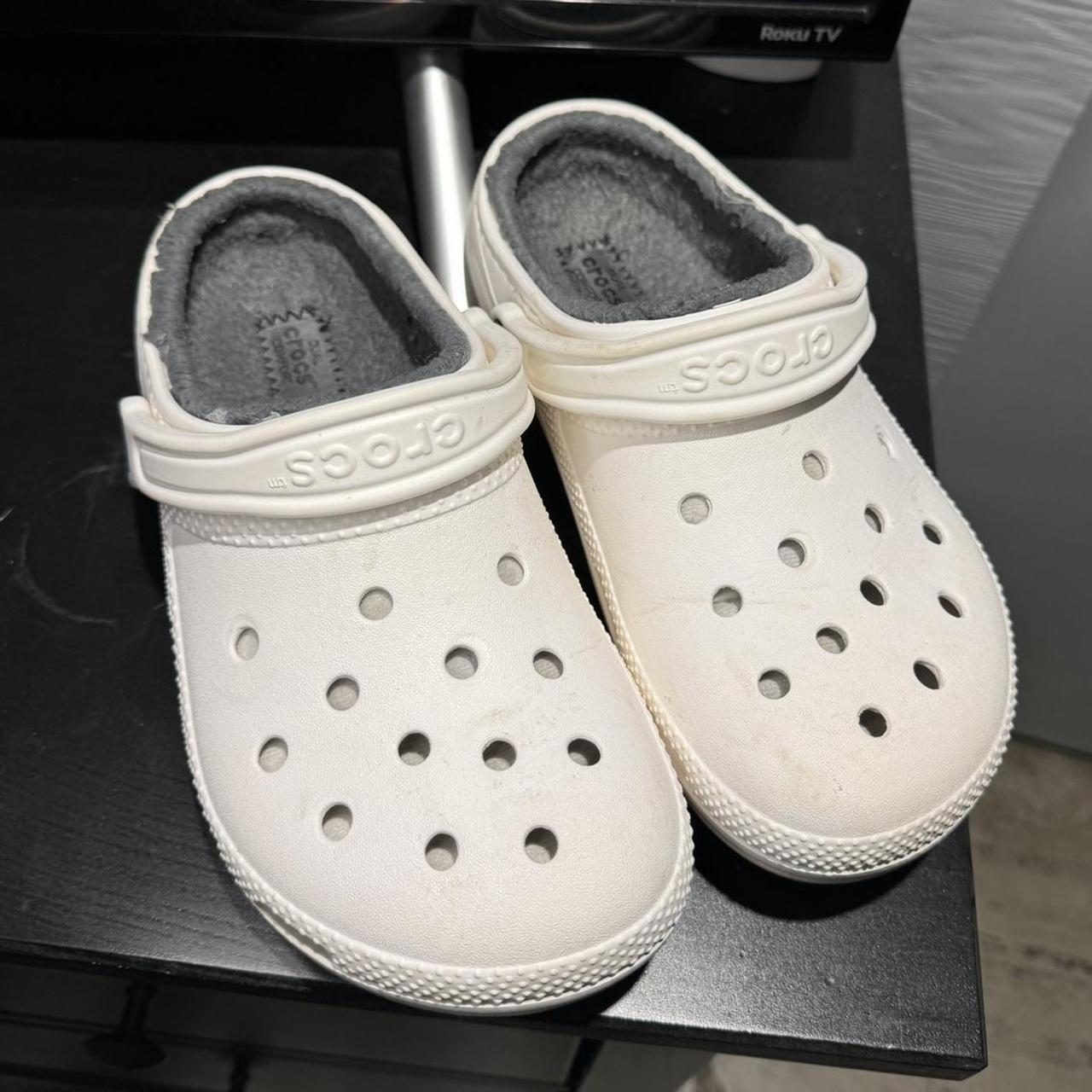 white and grey fur lined crocs size: W8/M6 -... - Depop