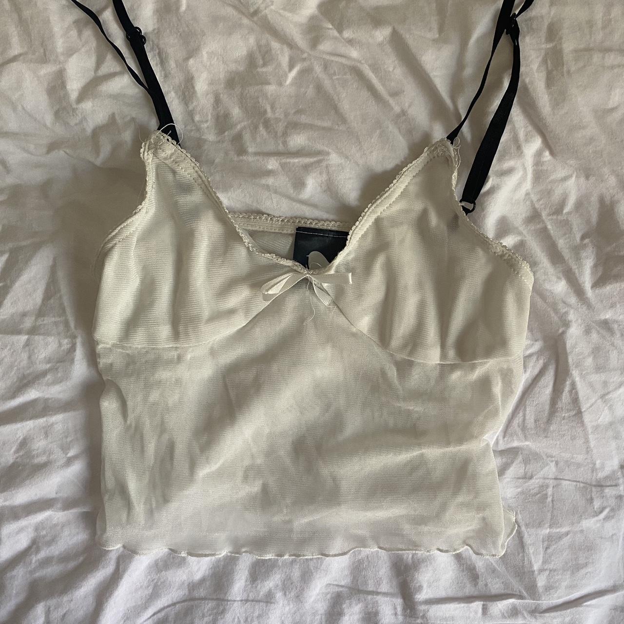 white mesh cami, with a lace trim and bow, fits 6-8,... - Depop
