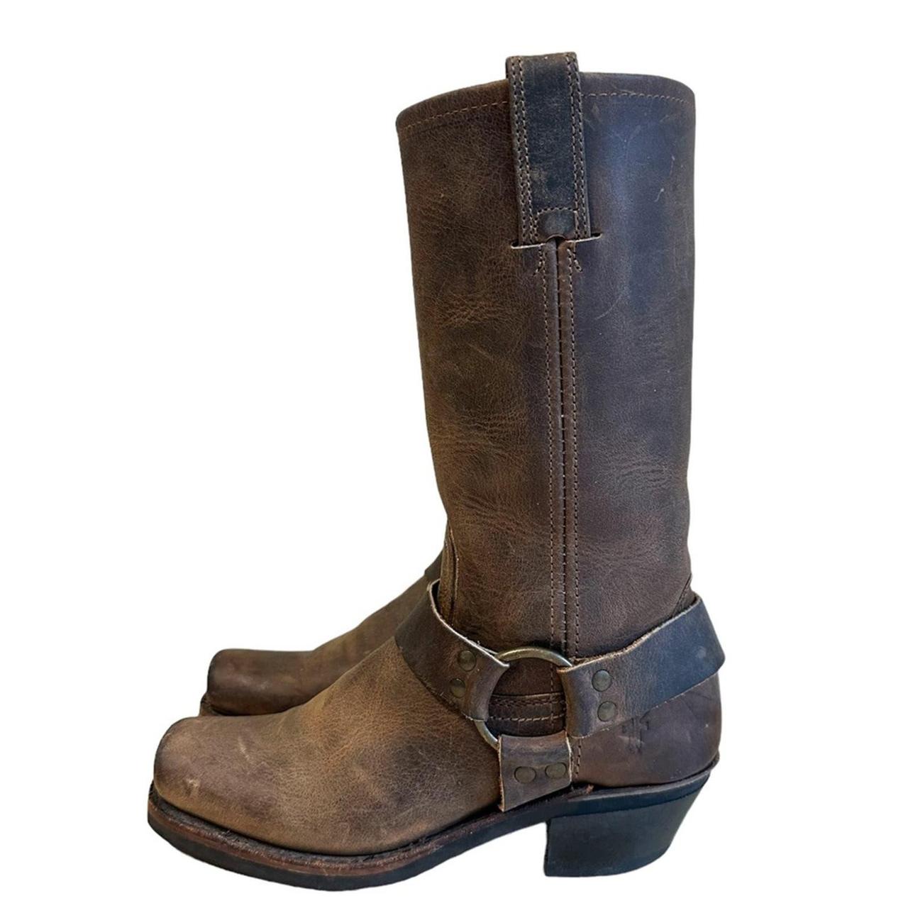 Frye Vintage Brown Leather Square Toe Harness Boots... - Depop